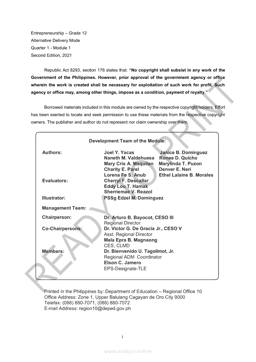 Entrepreneurship Quarter 1 Module 1 Introduction To Entrepreneurship